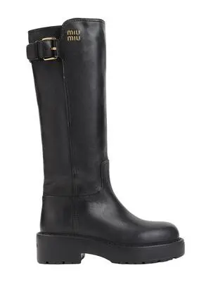 Miu Miu Leather Knee-high Buckled Lug Sole Boots - Black