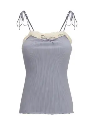 Chloé Ribbed Cotton Jersey Thin Strap Top With Lace Trim - Blue