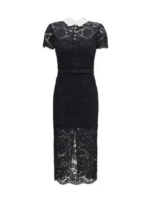 SELF-PORTRAIT Lace Contrast Collar Midi Dress - Black