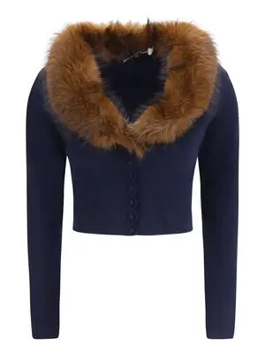 SELF-PORTRAIT Knit And Faux Fur Cardigan - Blue