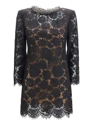 SELF-PORTRAIT Lace Embellished Crew Neck Mini Dress - Black