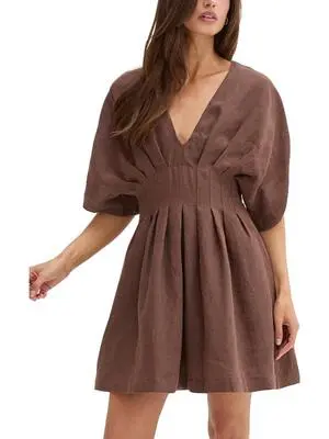 CRESCENT Pleated Linen Mini Dress With Dolman Sleeves And V-neckline - Brown