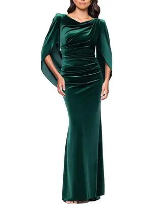 Betsy & Adam Velvet Gown With Draped Back And Three-quarter Sleeves - Hunter