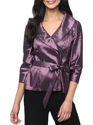 Alex Evenings Metallic Faux Wrap Portrait Collar Top - Orchid