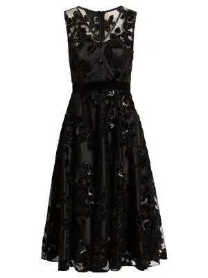 Eliza J Floral Appliqué V-neck Sleeveless Party Dress - Black
