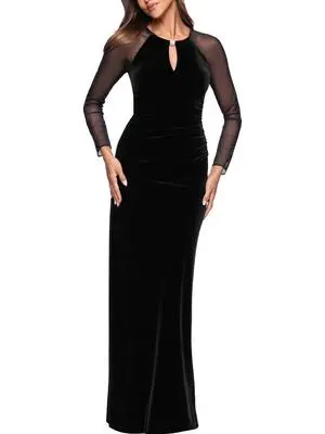 Betsy & Adam Mesh Long Sleeve Ruched Velvet Gown - Black