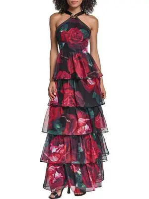 KARL LAGERFELD PARIS Karl Lagerfeld Paris Floral Halter Neck Tiered Gown