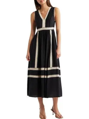 Moon River Rickrack Sleeveless V-neck Midi Dress - Black