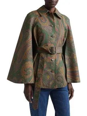 Etro Belted Paisley Gabardine Cape - Green
