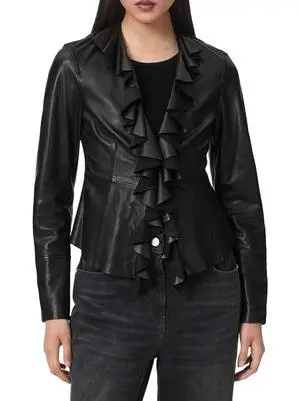 ALLSAINTS Luana Ruffled Leather Shirt - Black