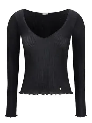 Saint Laurent Cassandre V Neck Ribbed Silk Top - Black