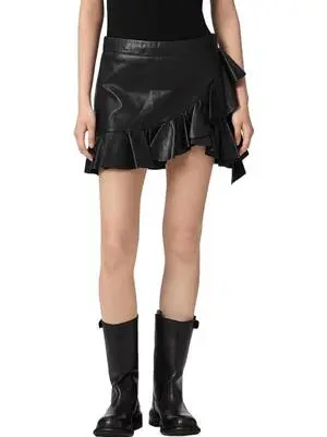 ALLSAINTS Luana Lea Ruffled Leather Miniskirt - Black