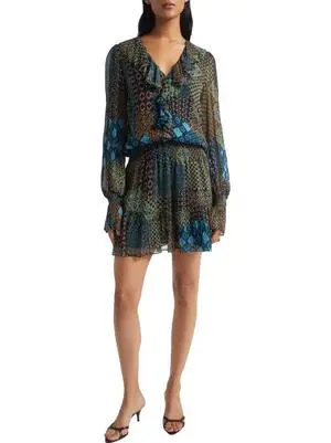 Ramy Brook Astrid Printed Ruffle Long Sleeve Minidress - Navy Multi