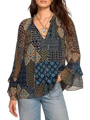 Ramy Brook Anya Patchwork Print Flowy Blouse - Navy Multi