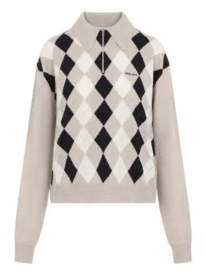 MIU MIU Miu Miu Cashmere Argyle Pattern Half-Zip Polo Sweater