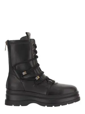 Pinko Logo Printed Lace-up Platform Boots - Black