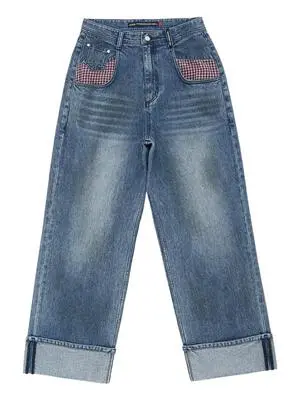 Andersson Bell Oil-washed Rolled-up Jeans With Checkered Pockets - Blue