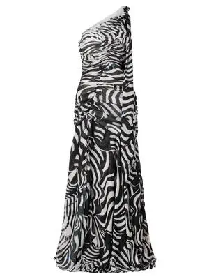 MARY KATRANTZOU Aliyah One-shoulder Zebra Print Chiffon Maxi Dress - Black
