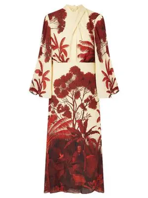 Johanna Ortiz Palm Print Silk Georgette Midi Dress - Red