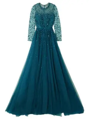 Jenny Packham Embellished Sequined Tulle Gown - Blue