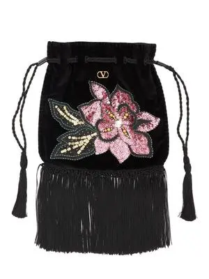 Valentino Garavani Beaded Floral Shoulder Bag - Black
