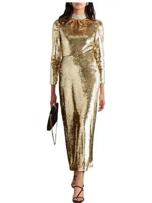 Saloni Light Gold Sequin Embellished Maxi Dress - No