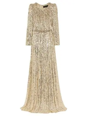 Jenny Packham Embellished Sequin Tulle Evening Gown - Nude