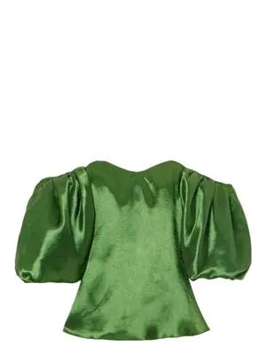 Caroline Constas Off-the-shoulder Satin Top With Puffed Sleeves - Green