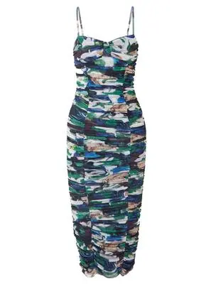 MARY KATRANTZOU Ruched Printed Stretch-tulle Midi Dress - Multicolor