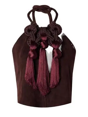 Johanna Ortiz Cropped Suede Halterneck Top With Tassels - Black