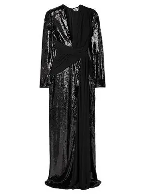 Zuhair Murad Long-sleeve Deep V Sequin Gown With Chiffon Drape - Black