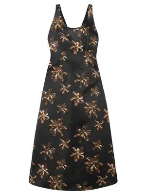 EMILIA WICKSTEAD Emilia Wickstead Black Satin U-Neck Midi Dress With Vintage Floral Print