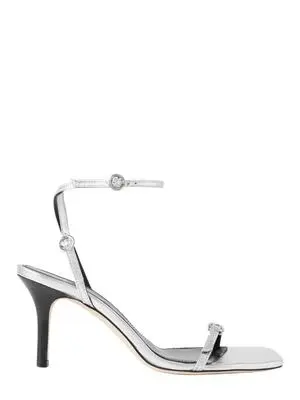 AeydĒ Silver Metallic Leather Stiletto Heel Ankle Strap Sandals - White