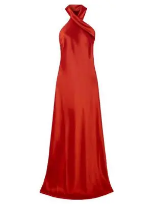 Galvan Satin Twisted Knot Neckline Gown - Red