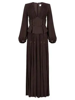 Elisabetta Franchi V-neck Pleated Maxi Dress With Puff Sleeves - Black