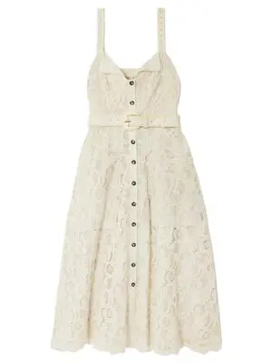 Saloni Lace Midi Dress With Waist Belt - No