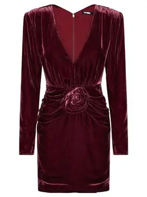 ROTATE BY BIRGER CHRISTENSEN Silk Velvet Ruched Mini Dress With Floral Appliqu - Brown