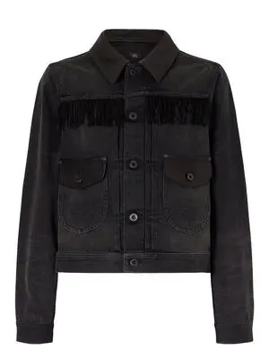 Ralph Lauren Emerson Cropped Denim Jacket With Leather Trim And Fringe - Black