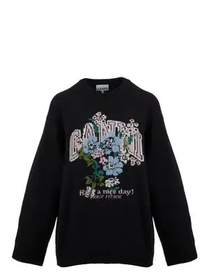 GANNI Oversized Floral Logo Knitted Sweater - Phantom Black