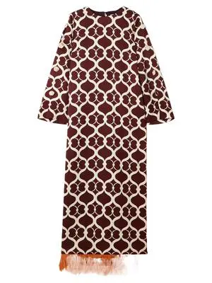 Borgo De Nor Brunetta Feather-trimmed Geometric Print Maxi Dress - Brown