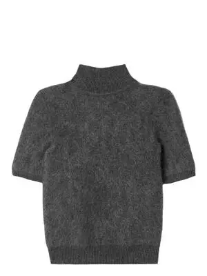 Adam Lippes Fuzzy Knit Mock Neck Short Sleeve Top - Black
