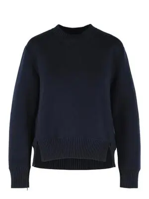 Sacai Sacai Ribbed Crew Neck Knit Top With Side Slits Navy