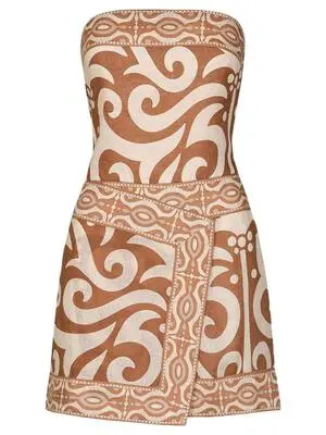 Johanna Ortiz Strapless Printed Linen Mini Dress - Nude