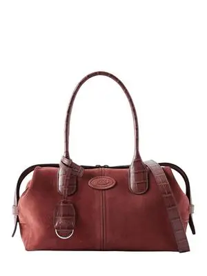 TOD'S Bauletto Croc-effect Leather-trimmed Suede Mini Bag - Brick