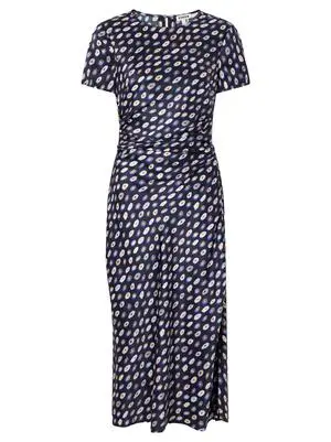 Staud STAUD Marcel Printed Ruched Silk-Blend Satin Midi Dress Blue