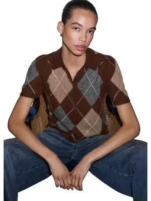 ME+EM Merino Cashmere Silk Argyle Puff Sleeve Knit Polo - Pecan Brown Multi