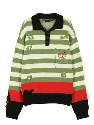 Andersson Bell Striped Distressed Knit Polo Shirt - Multi-color