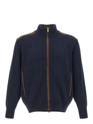 Paul & Shark Ribbed Zip-up Cardigan With Stand Collar - Blue