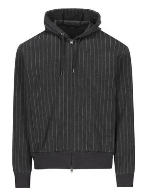 Herno Pinstripe Drawstring Hooded Zip Jacket - Black