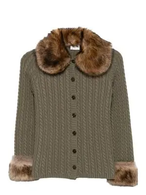 Saint Laurent Cashmere Cable Knit Cardigan With Fur Trim - Green